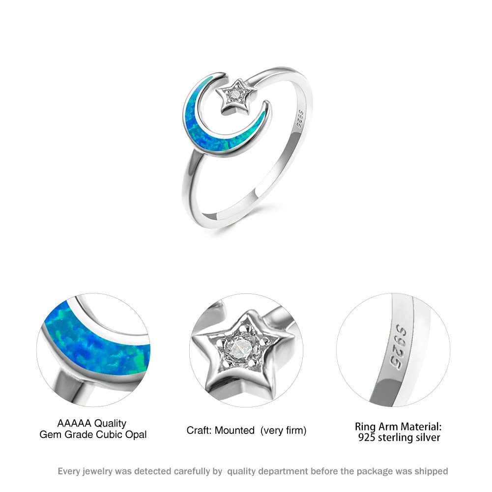 Angol Opal Moon Star Ring for Women Sterling Silver Adjustable Crescent Moon Ring 5A+ Cubic Zirconia Statement Hypoallergenic Finger Ring Gift with Box