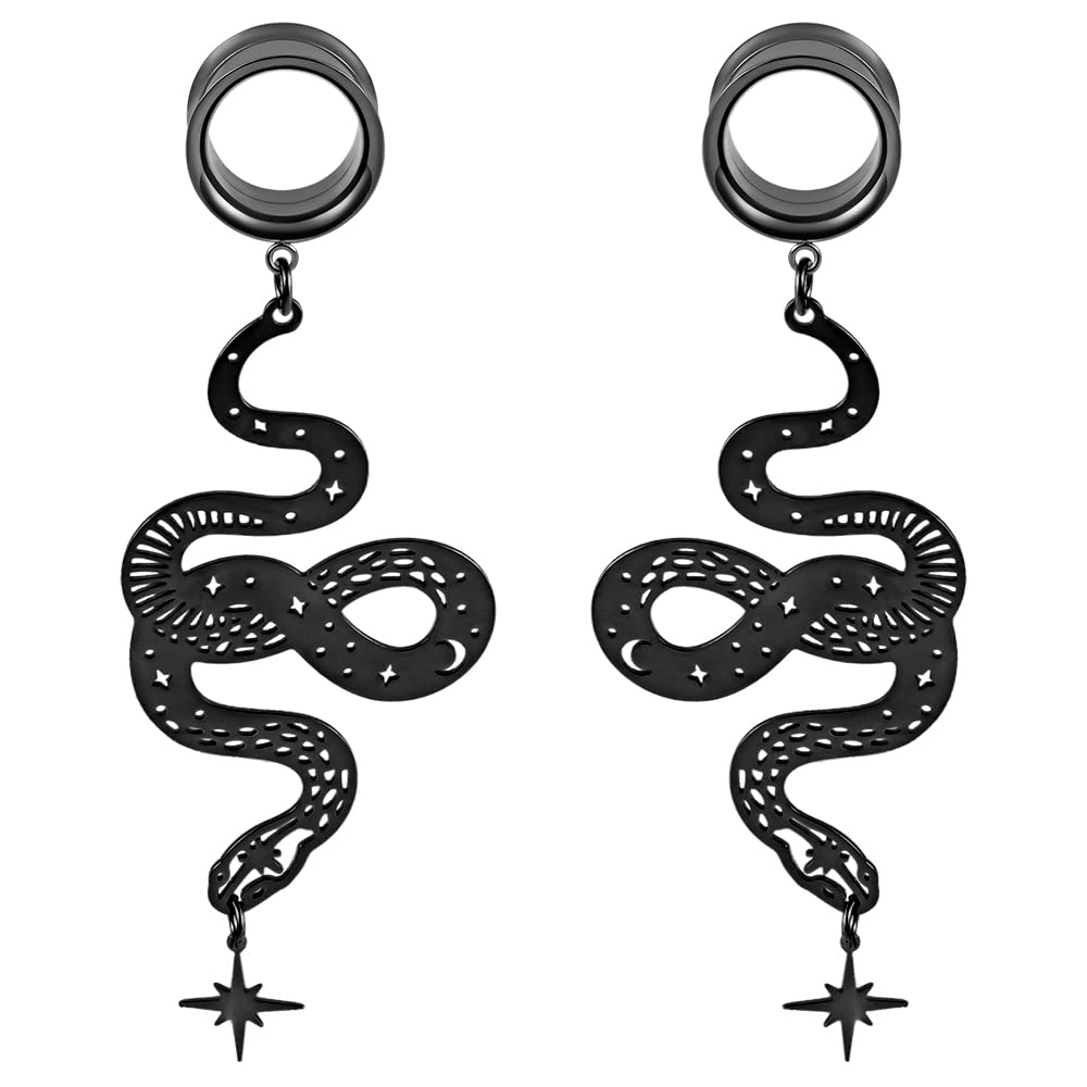 Atomhole 2PCS Snake Dangle Ear Gauges Hypoallergenic Stainless Steel Ear Plugs Ear Hangers for Stretched Ears Tunnels Pair Selling 2g 0g Body Jewelry (10mm(00G), Black)