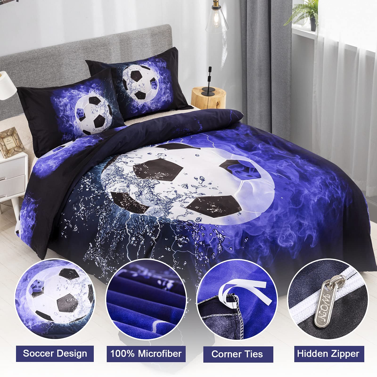 Blue Flame Soccer Duvet Cover Set for Children Boys 3D Printed Football Quilt Cover Set with 2 Pillowcases Fire and Ice Bedding Set with Zipper Closure Queen Size 90" X 90"(Not Comforter)