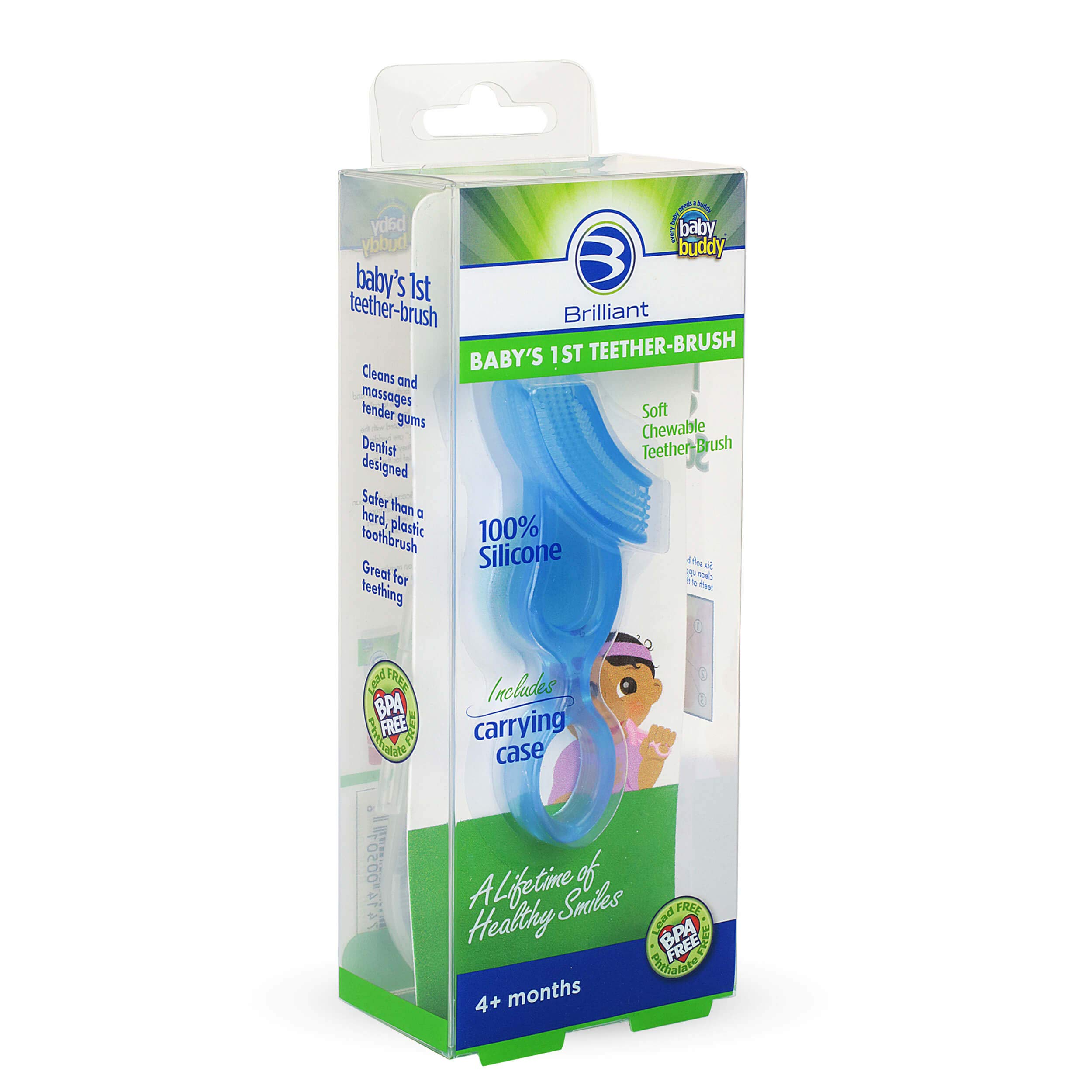 Brilliant Oral Care Baby’s First Toothbrush, Smooth Silicone Bristles Gently Clean Tender Teeth and Gums, with Storage Case, for Ages 4+ Months, Blue, 1 Pack