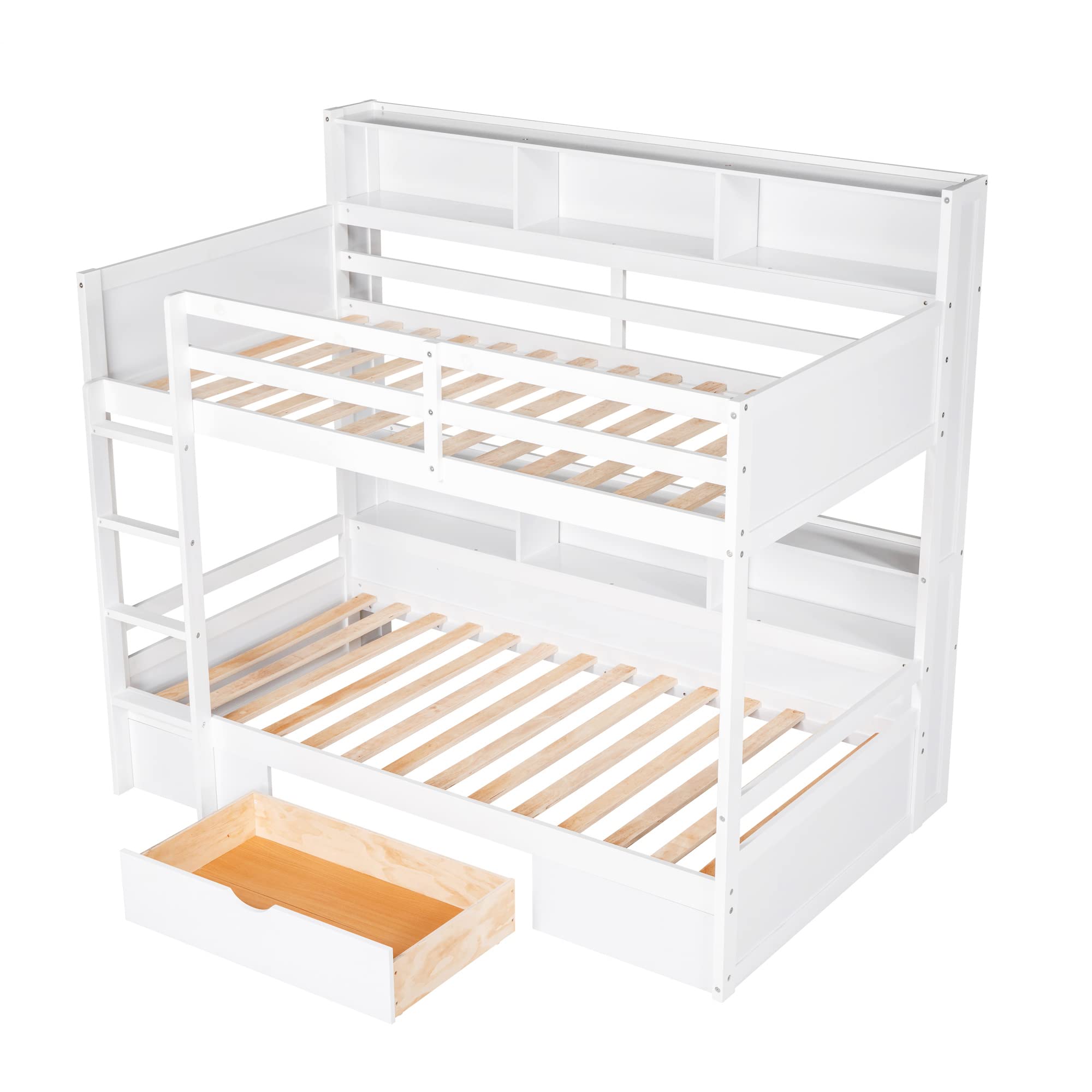 BIADNBZ Twin Over Twin Bunk Bed with Storage Drawer and Built-in Shelves Beside Both Upper and Down Bedframe, for Kids Teens Adults Bedroom, White