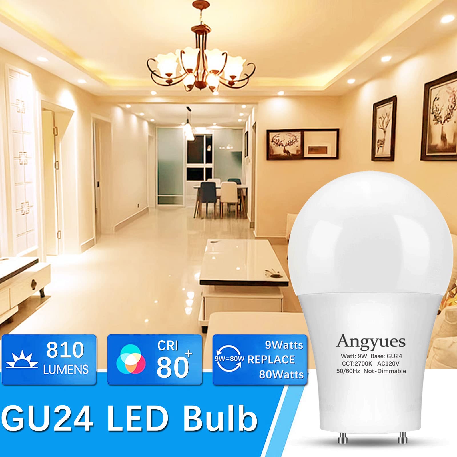 Angyues GU24 LED Ceiling Fan Light Bulbs 9W Equivalent 80Watt Warm White 2700K A19 LED Light Bulb, Twist Lock GU24 Base Home Lighting Bulbs, Non-Dimmable 4 Packs