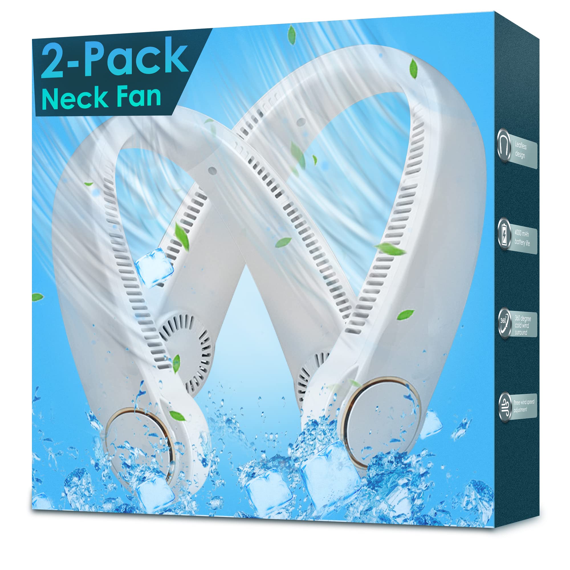 Neck Fan, 2-Pack Portable Neck Fan Hands Free Bladeless Personal Fan, 4000mAh Battery Operated Wearable Rechargeable USB Fan, Leafless, 3 Speeds Neck Fans for Women, Kids, Travel, Sport, Office, White