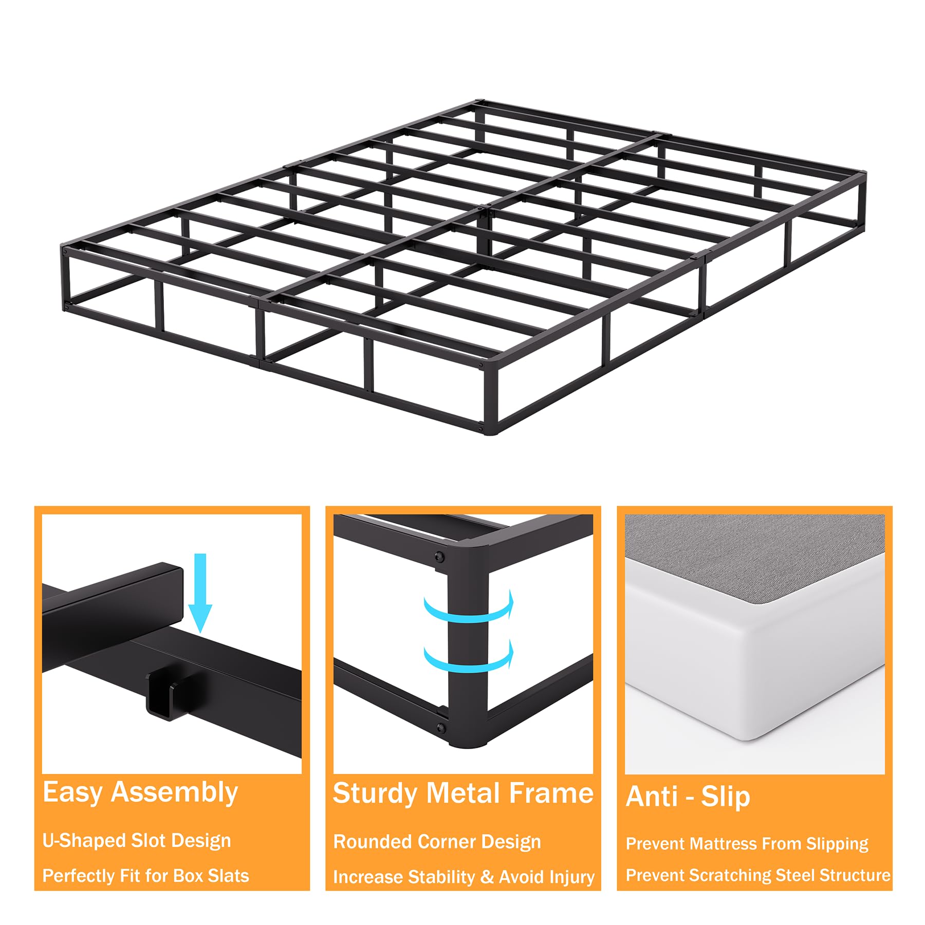 Bednowitz King Box Spring,5 Inch Low Profile Metal Boxspring with Non-Slip Fabric Bed Cover, Sturdy Heavy Duty Steel Structure Bed Base, Noise-Free Mattress Foundation, Easy Assembly,Black