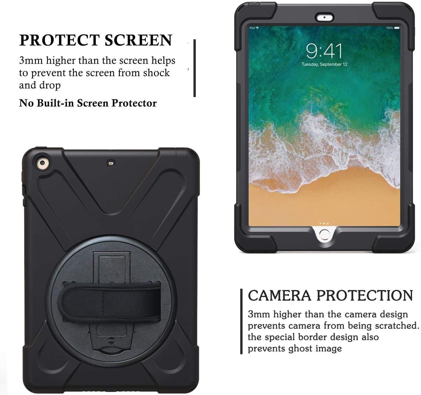 iPad 5th/6th Generation Case 9.7 Inch 2017 2018 for Kids with 360 Rotating Stand+Hand Strap | Military Grade Heavy Duty Rugged Shockproof Case for iPad 6th/5th Gen 9.7" A1893/A1954/A1822/A1823 | Black