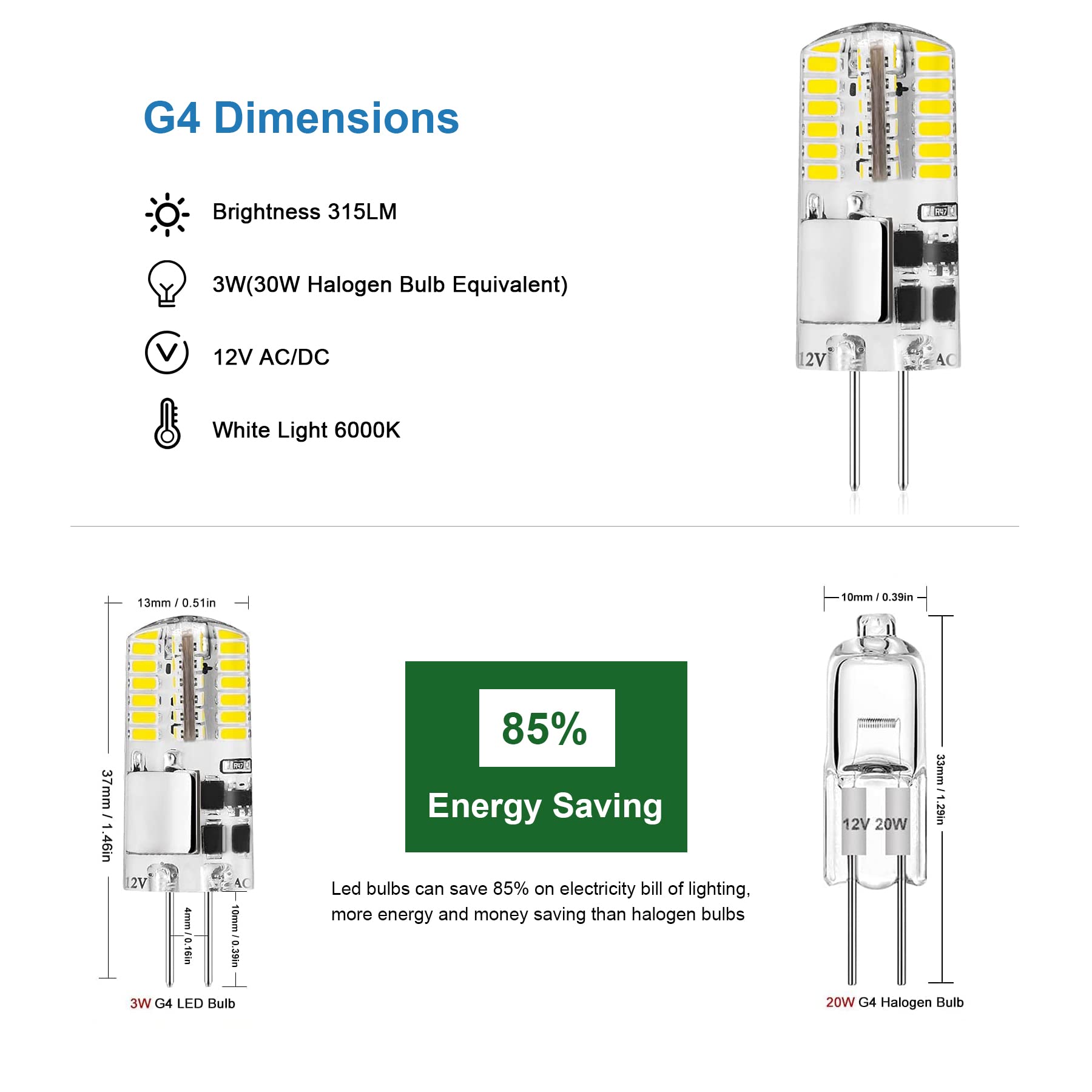 AHPIDND G4 Led Bulb 12V 3W : No Flicker JC Bi-Pin Base Light Bulbs with No Dimmable T3 Halogen Bulb Replacement for Caravans & Cabinets & Car Dashboards & Chandeliers 10 pcs 6000K White