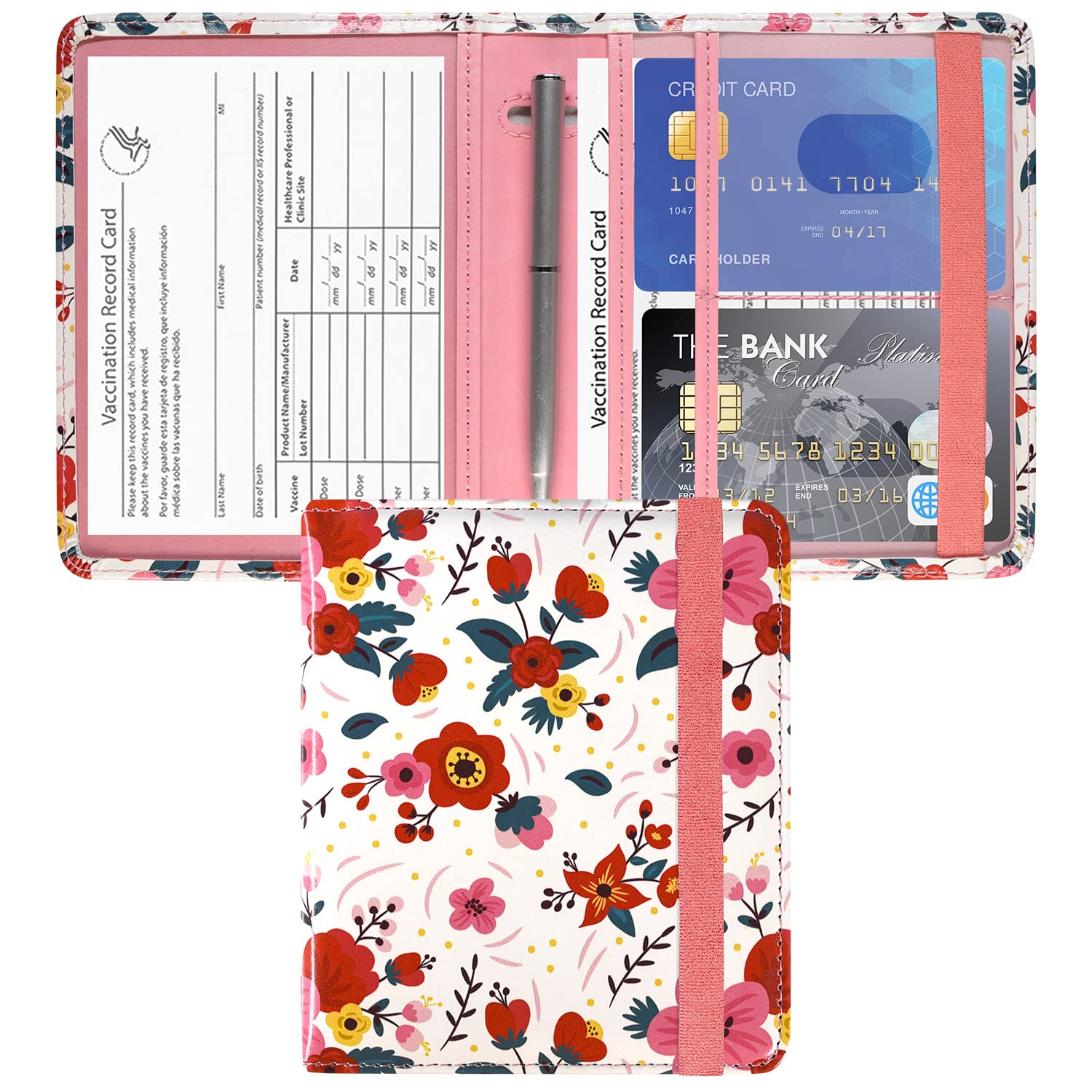 ACdream Vaccine Card Holder, PU Leather 4x3 CDC Vaccination Immunization Record Protector Wallet, Waterproof Vax Certificate Clear Sleeve Protective Case, with Credit Cards Slots - Blossom