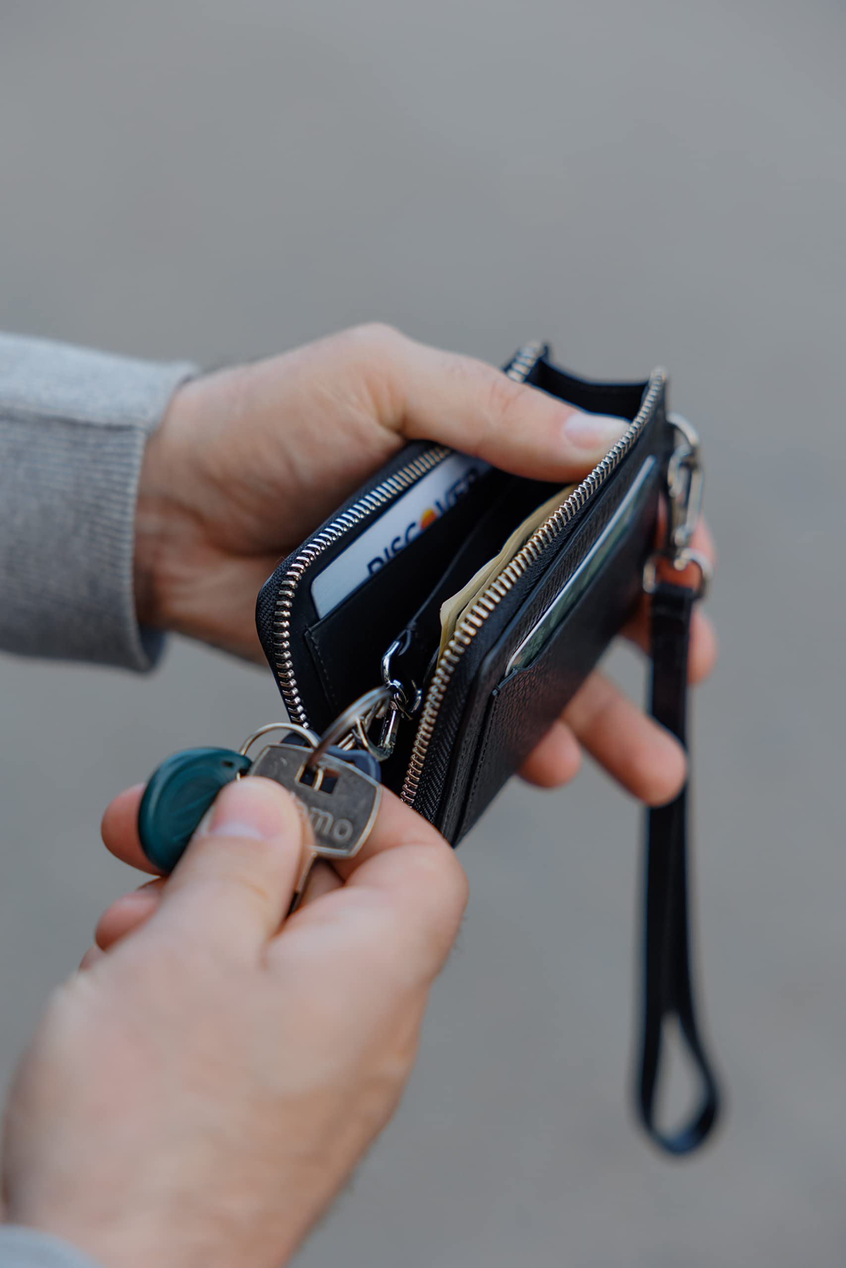 WOLFselection Genuine Leather Wallet with Wrist Lanyard for Men Women - Key and Credit Card Holder Wallets - Zip Wallet for Cash Notes ID Driver's License