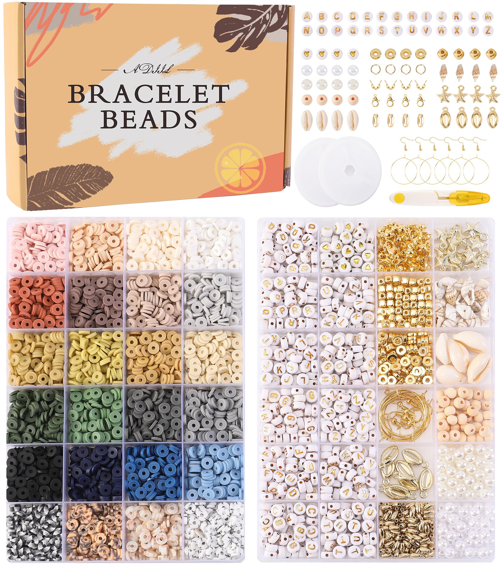 ADIIL 7200 Pcs Clay Beads Bracelet Making Kit, 24 Neutral Colors 6mm Polymer Clay Beads for Jewelry Making, Friendship Bracelet Heishi Beads with Letter Beads Gift for Adults