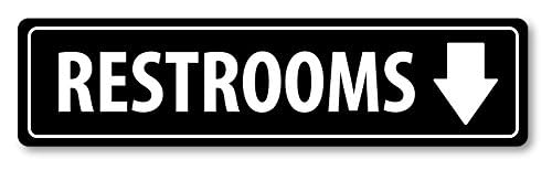 Grafkën: MG1080 Aluminum Sign LARGE 24 in x 6 in: RESTROOMS. ARROW DOWN (black/white) Style 1 (PREVIOUS MODEL)