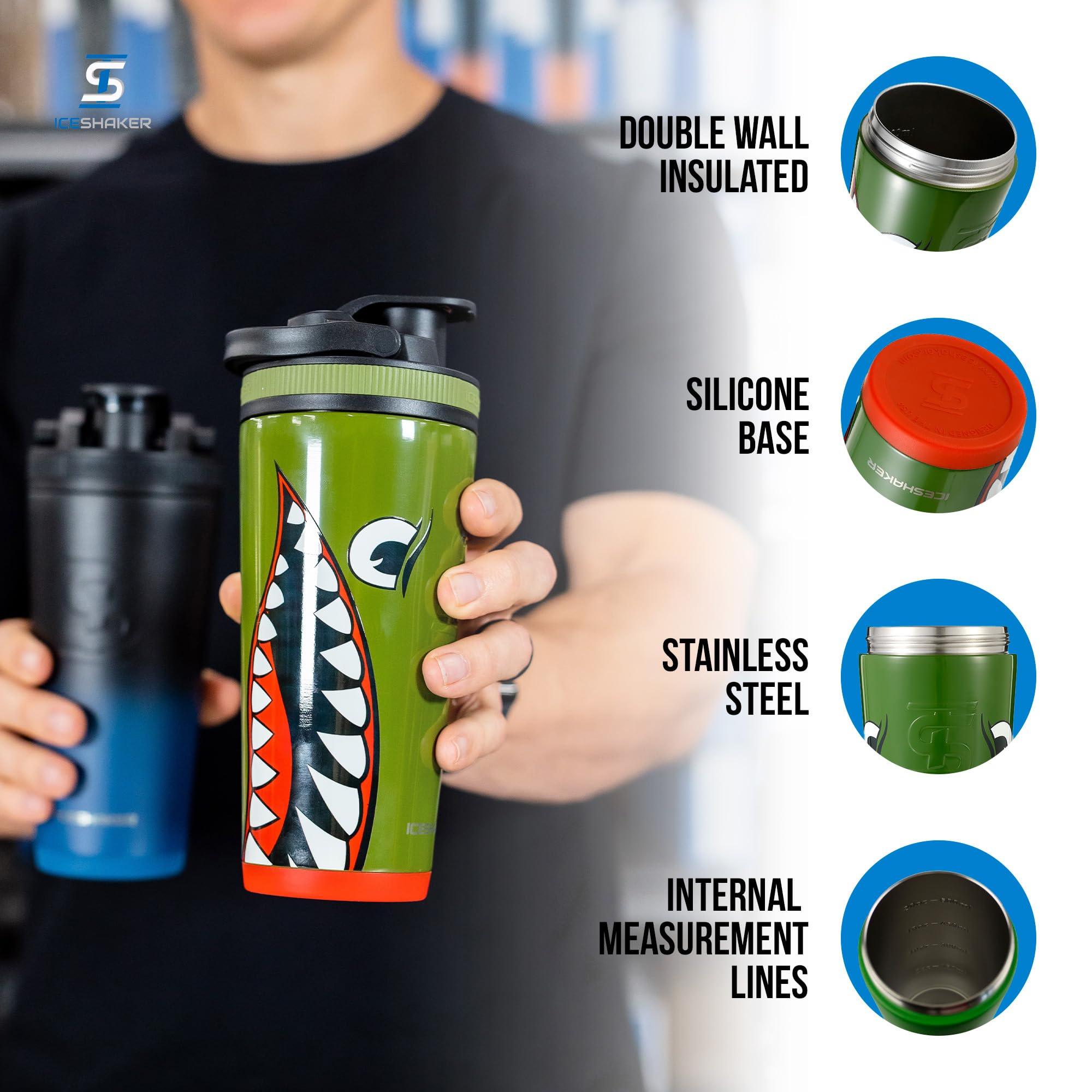 Ice Shaker Insulated Stainless Steel Shaker Bottle | 26oz, Bomber | Cold for 30+ Hours | Insulated Cup with Twist-on Agitator | Odor-Free Shaker Cup for Protein Shakes, Water, Smoothies, Cocktails