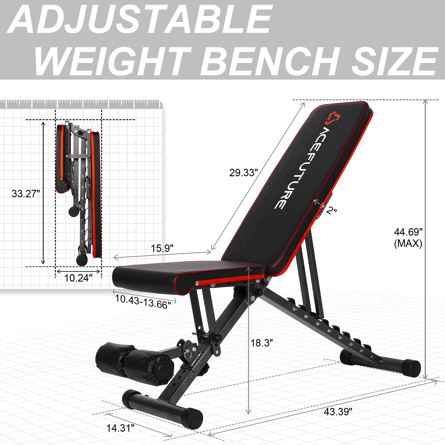 AceFuture Weight Bench Adjustable, Foldable Strength Training Bench for Full Body Workout with Resistance Bands, Incline Decline Exercise Equipment for Home Gym Weight Lifting, 272 kg Capacity (gray)
