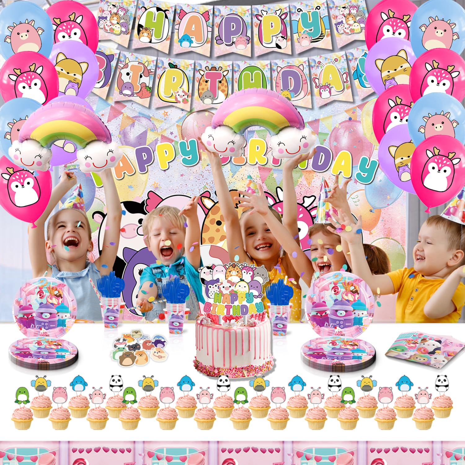 biepi 174 Pcs Birhthday Party Supplies,Theme Birthday Decorations Include Birthday Banner Cake Topper Tablecloth Squishmallow Party Decorations for Girl and Boys