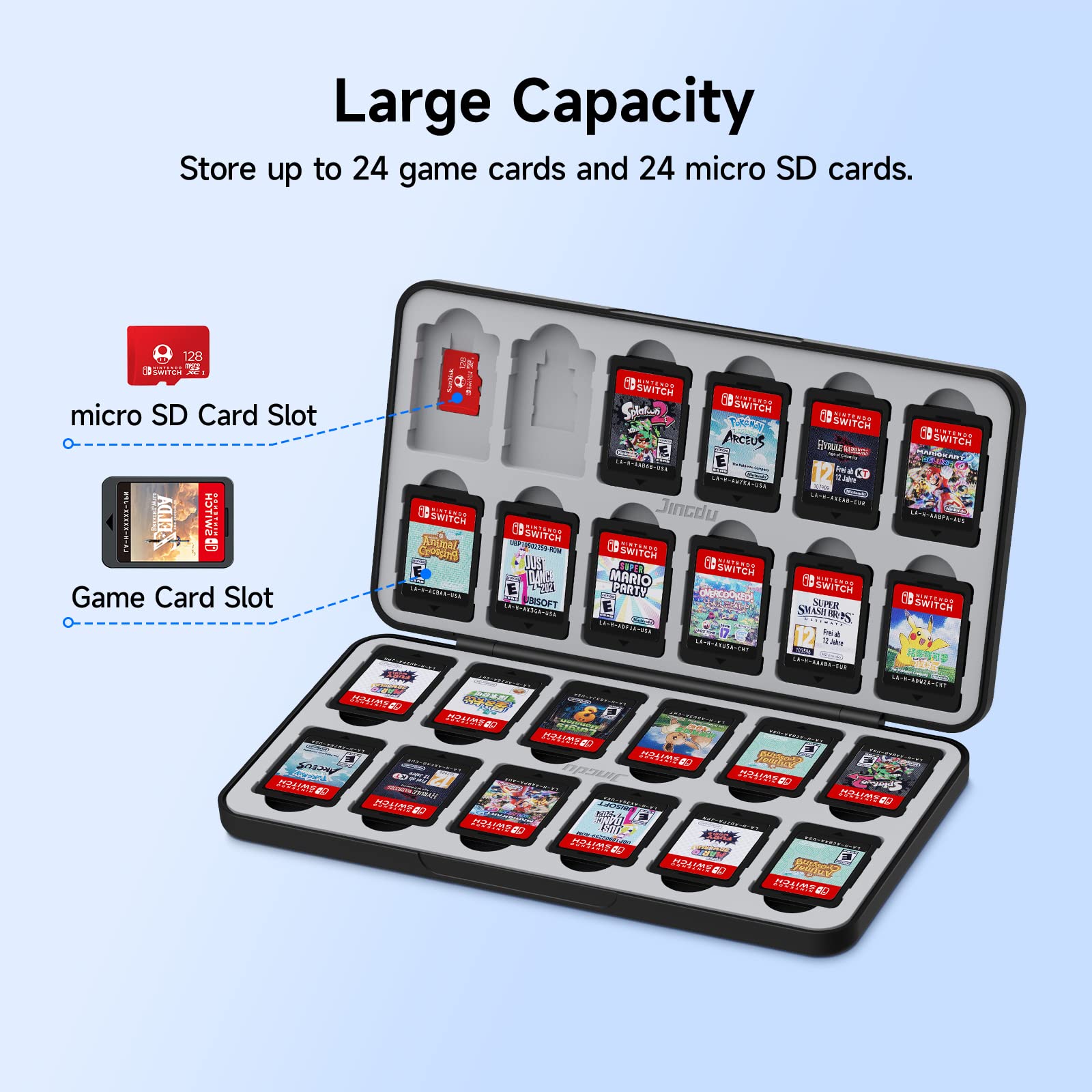 JINGDU 24-Slot Switch Game Case for Switch Games & micro SD Cards, Hard Shell, Soft Lining, [Shockproof, Portable], the Switch Game Holder Suitable for NS, Lite & OLED Games, Black