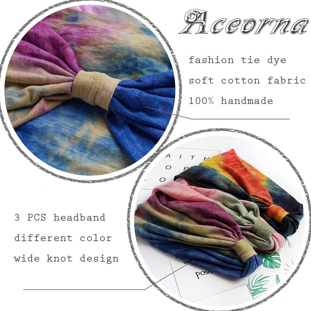 Aceorna Wide Boho Headbands Knot Bandeau Cotton Stretch Thick Fabric Head Band Tie Dye African Wraps for Women Workout Yoga 3 Pcs (Boho)