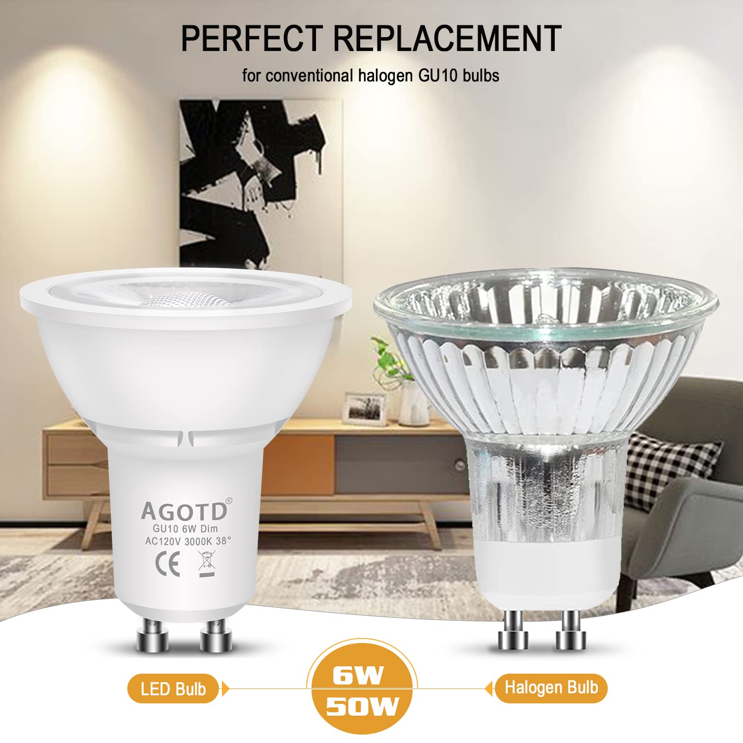 AGOTD GU10 6W Dimmable LED Light Bulbs,50W 60W Halogen Bulb Equivalent, 120 Volt, Soft White 3000K 500lm Recessed Lighting, 38° Beam Angle Spotlight, 6 Pack
