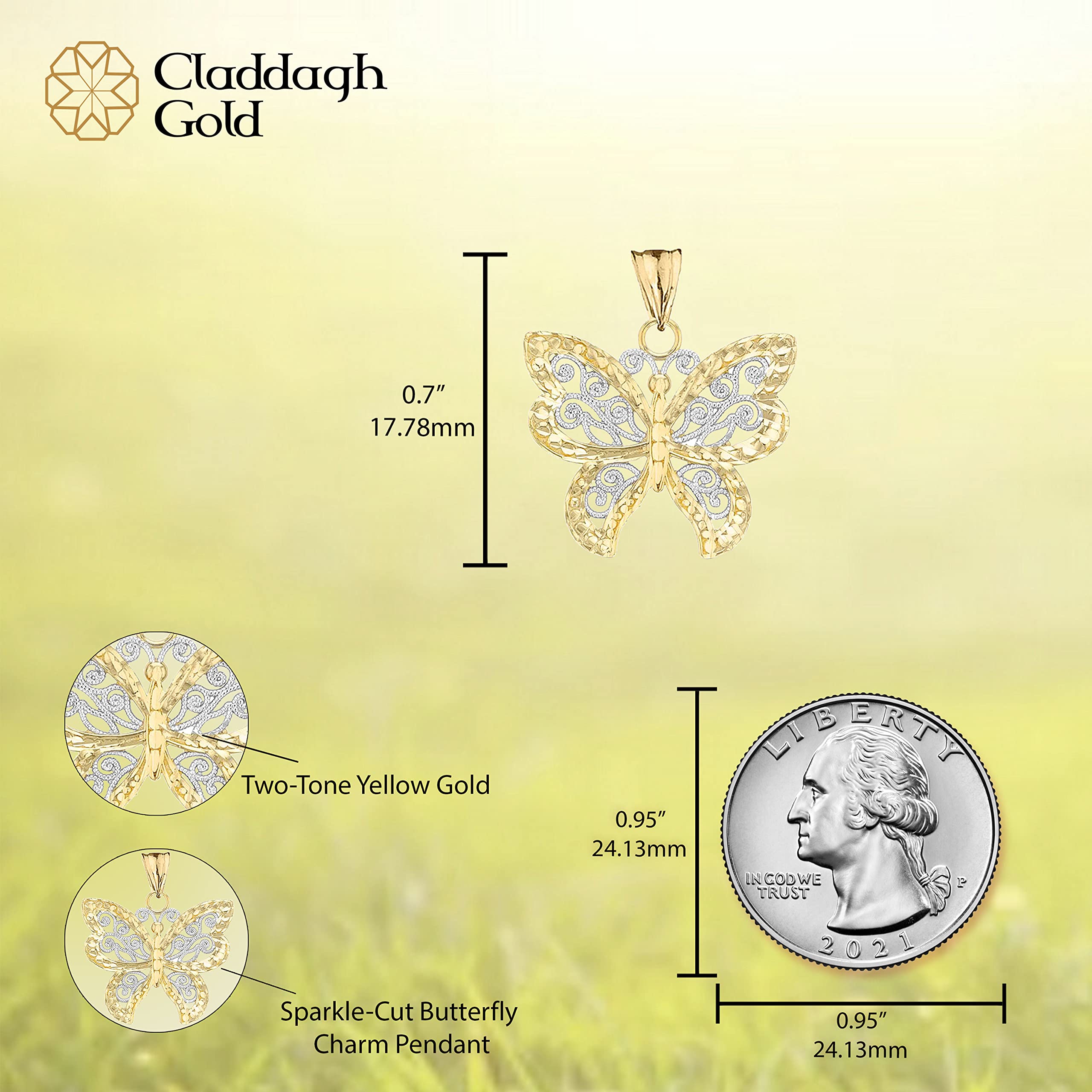 Animal Kingdom Two Tone 10K White and Yellow Gold 3/4" Openwork Filigree Milgrain Sparkle Cut Butterfly Charm - Pendant Only
