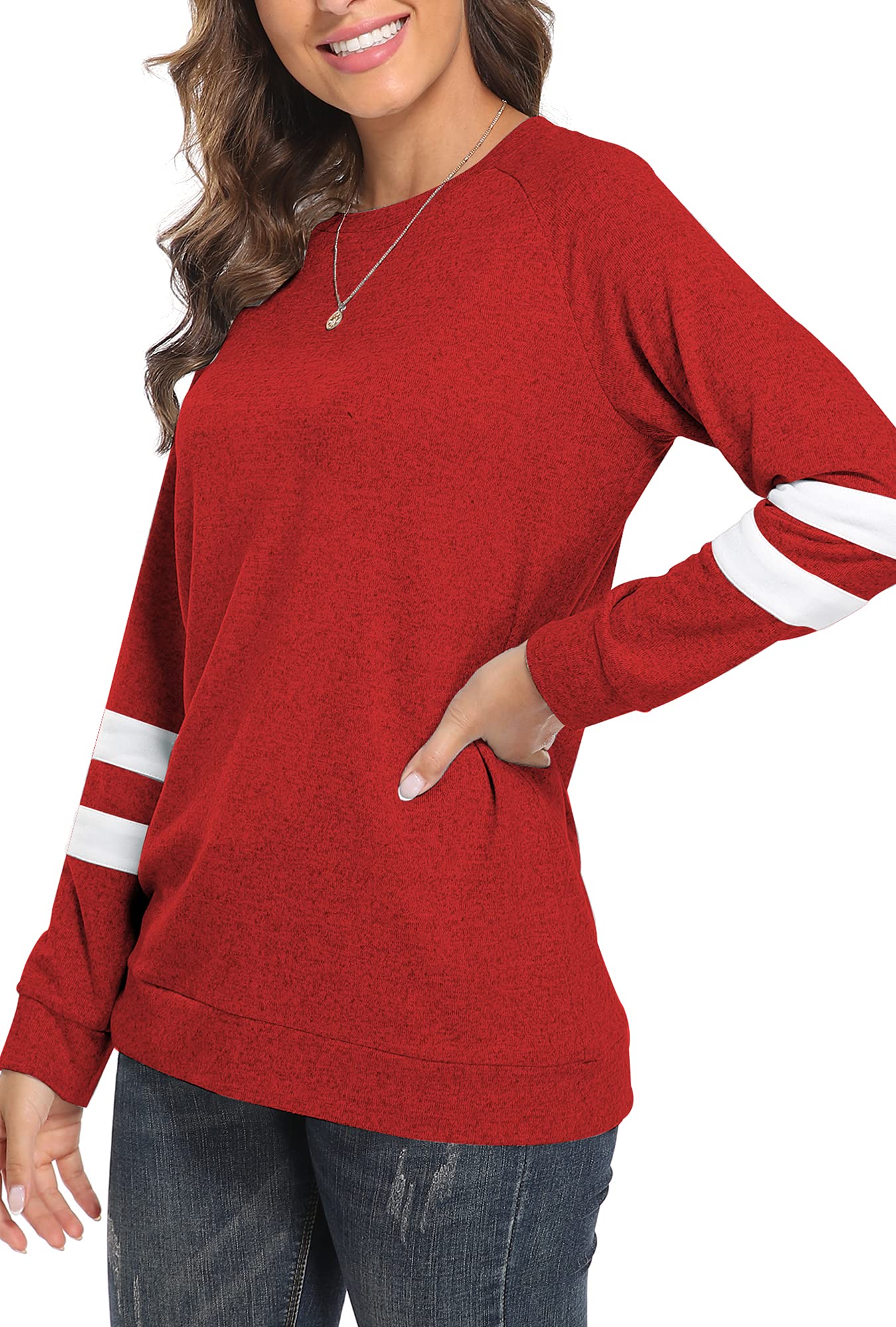 Ahacool Womens Sweatshirt Striped Long Sleeve Shirts for Women Ladies Sweater(Red S)