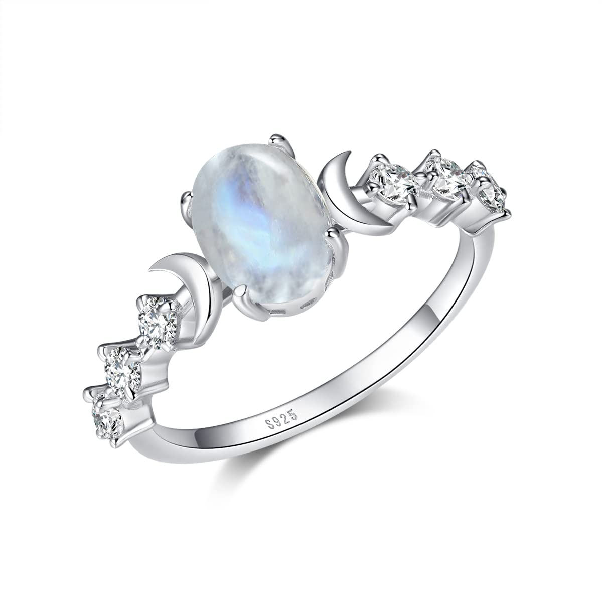 Angol Genuine Moonstone Ring Sterling Silver Moon Phase Ring Oval Moonstone Cubic Zirconia Statement Band Finger Minimalist Ring for Women with Gift BoxďźSilverďź