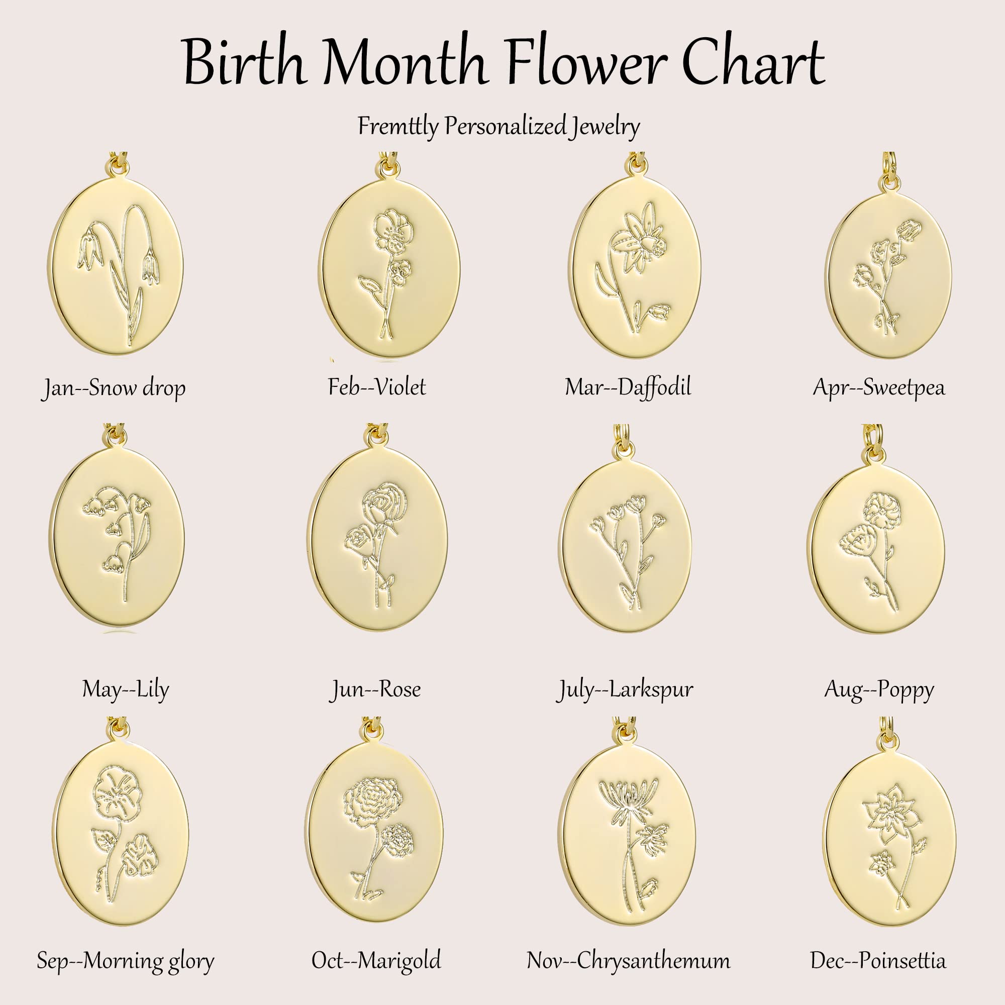 Fremttly Oval Coin Pendant Necklace 12 Month Birth Flower Disc Necklace 14K Real Gold Dainty Personalized Gift -3-Daffodil