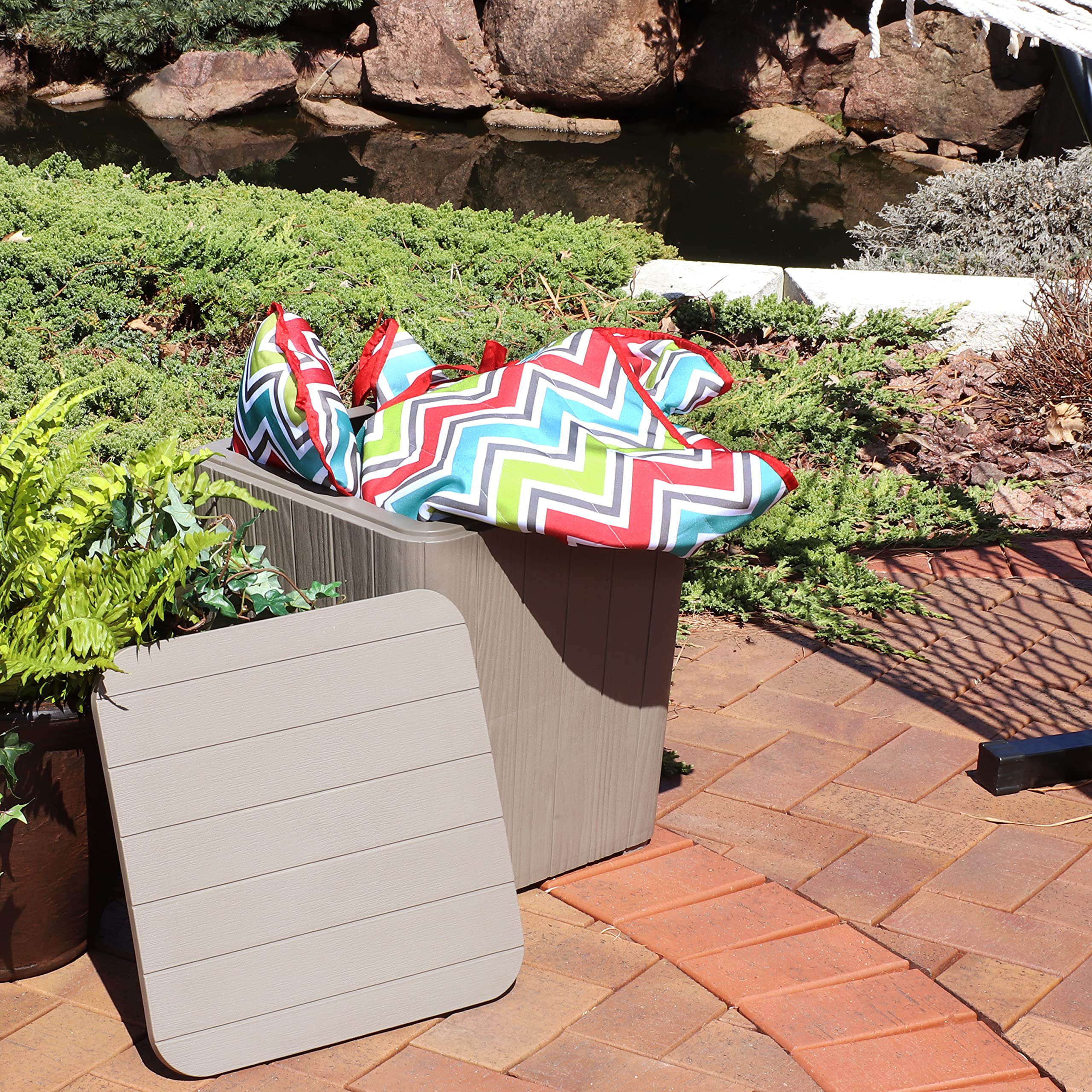 Sunnydaze 11.5-Gallon Deck Storage Box with Flat Top and Faux Wood Design - Driftwood