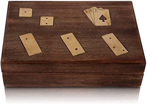 Great Gift Ideas Wooden Playing Card Box with 5 Dice & 28 Dominoes Tiles Game Set Deck Pack Case Holder Storage Accessories Organizer with Playing Cards Classic Table Game