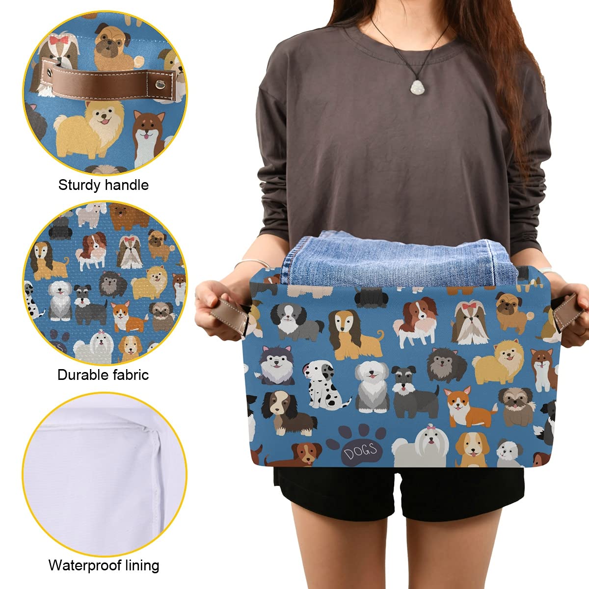 Cute Animal Dog Puppy Pattern Storage Bin with Handle Foldable Canvas Storage Basket Box Cube Organizer for Bedroom Home Office Closet Shelve Clothes Toy,1PC