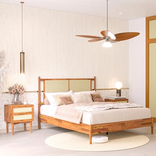 Bme Oliver Headboard Queen Size Bed Frame - 15-Inch Signature Design with Rattan Headboard, Bohemian and Mid Century Style, 12-Slat Wood Support, No Box Spring Needed - Easy Assembly, Caramel