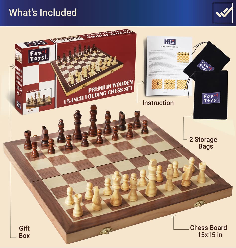 Fun+1 Toys! Wooden Chess Set for Adults and Kids, 15" Portable Chess Board Set with Chess Pieces & Drawstring Bag