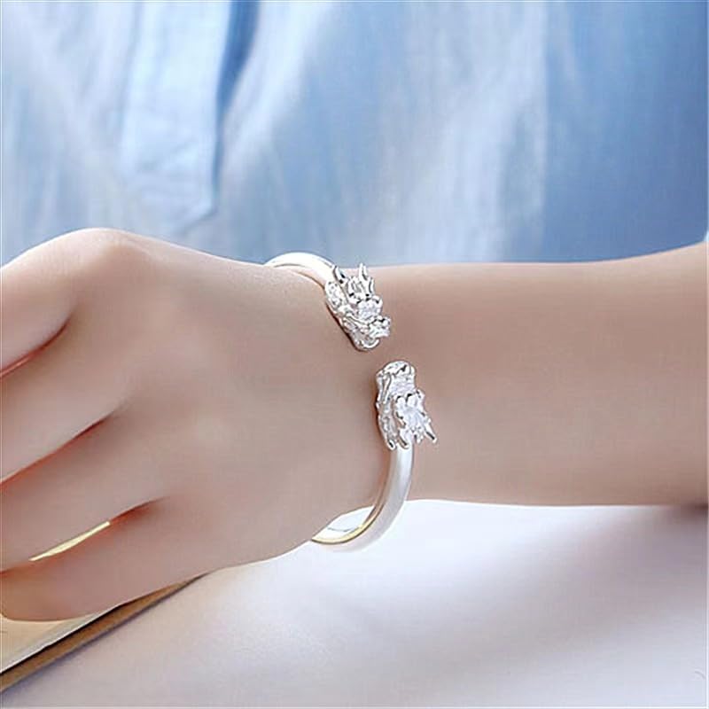 AdjustableSterling Silver Bangle Bracelet, Blue Diamond Bracelet,Sterling Silver Bracelet for Women,Women 925 Sterling Silver Bracelet Double Dragon's Head Cuff Bangle