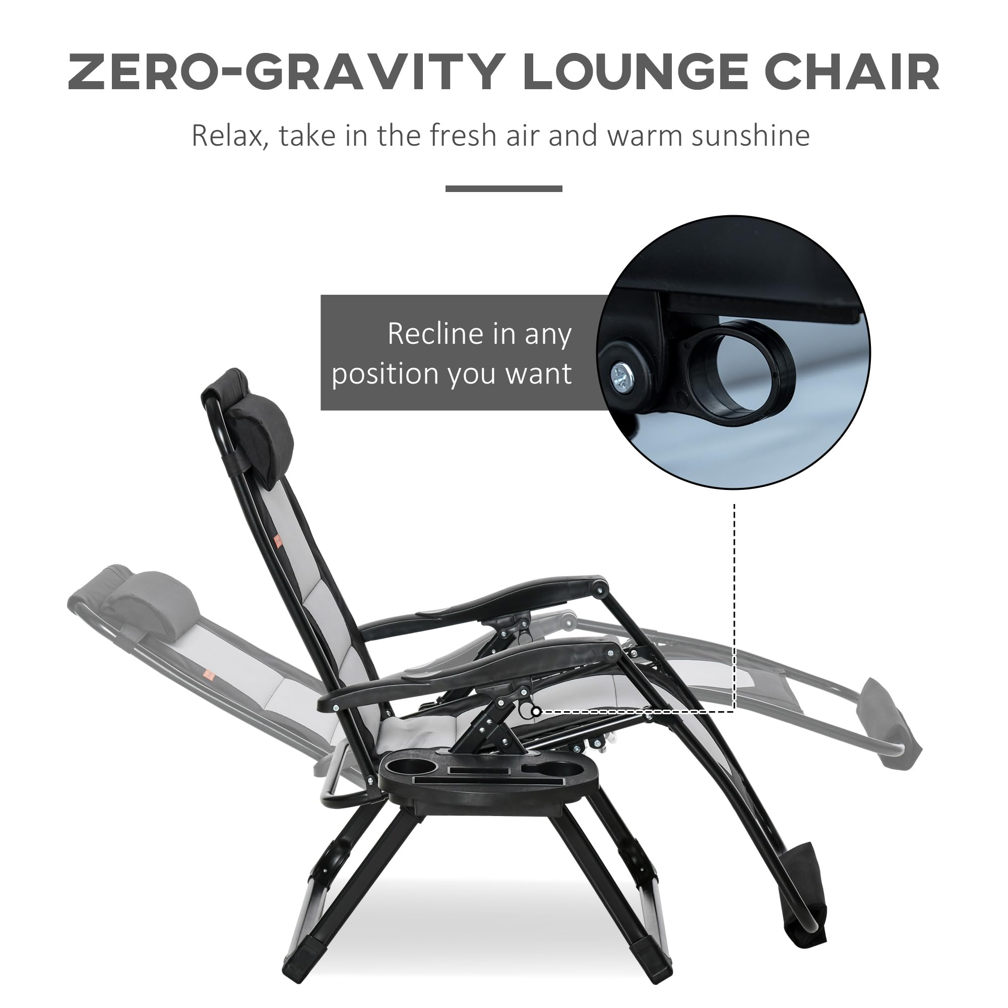Outsunny Foldable Outdoor Lounge Chair with Footrest, Oversized Padded Zero Gravity Lounge Chair with Headrest, Side Tray, Cup Holders, Armrests for Camping, Lawn, Garden, Black