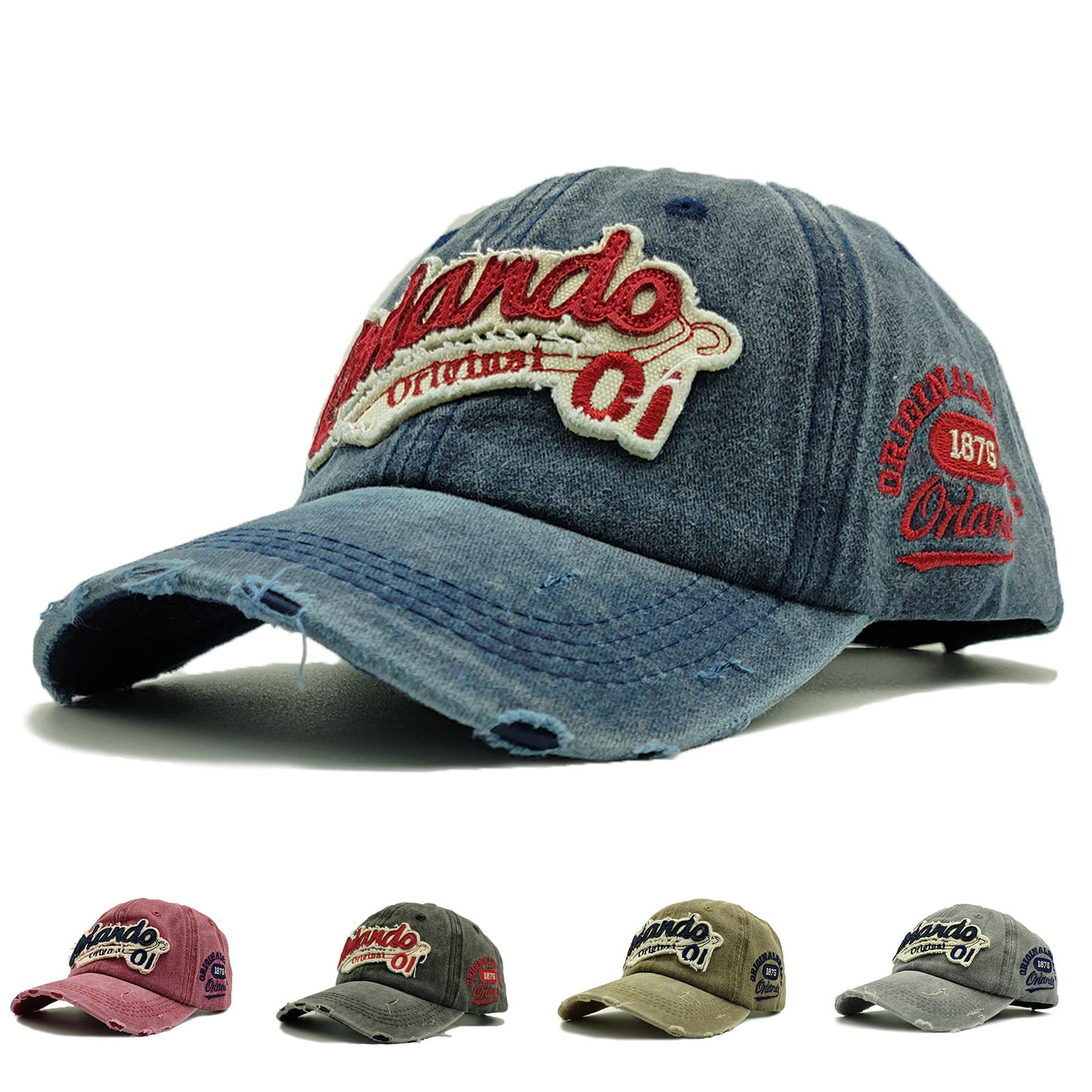 AHOYUSO Orlando Embroidered Baseball Caps for Men Women Cotton Washed Adjustable Dad Hat Distressed Retro Truck Caps Navy Blue