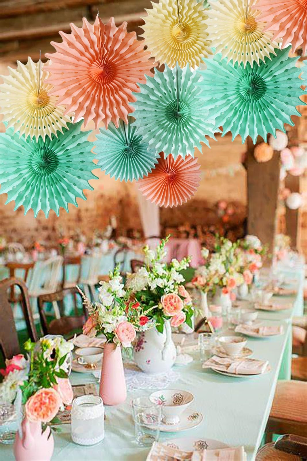 Boho Rainbow Party Decorations/Mint Peach Birthday Party Decorations/Mint Peach Baby Shower Decorations/7pcs Tissue Paper Fan Flower/Mint Peach Wedding Bridal Shower/
