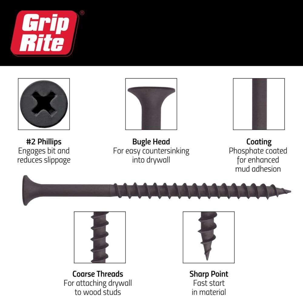 Grip-Rite 3CDWS1 #8 X 3" Phillips Bugle Head Coarse Thread Sharp Point Drywall Screw, 1lb Box