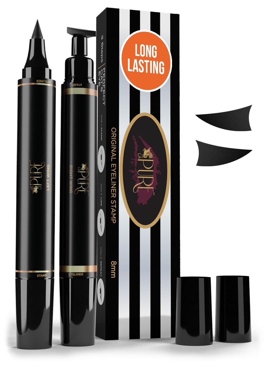 LA PURE Waterproof Liquid Eyeliner Stamp Winged Eyeliner Tool 2x Cat Eye Winged Eyeliner Stamp & Fine Tipped Pen Eyeliner Stencil Smudge Proof Black Eye Liner Tiktok Trend Items Wing Stamp - Black 8mm