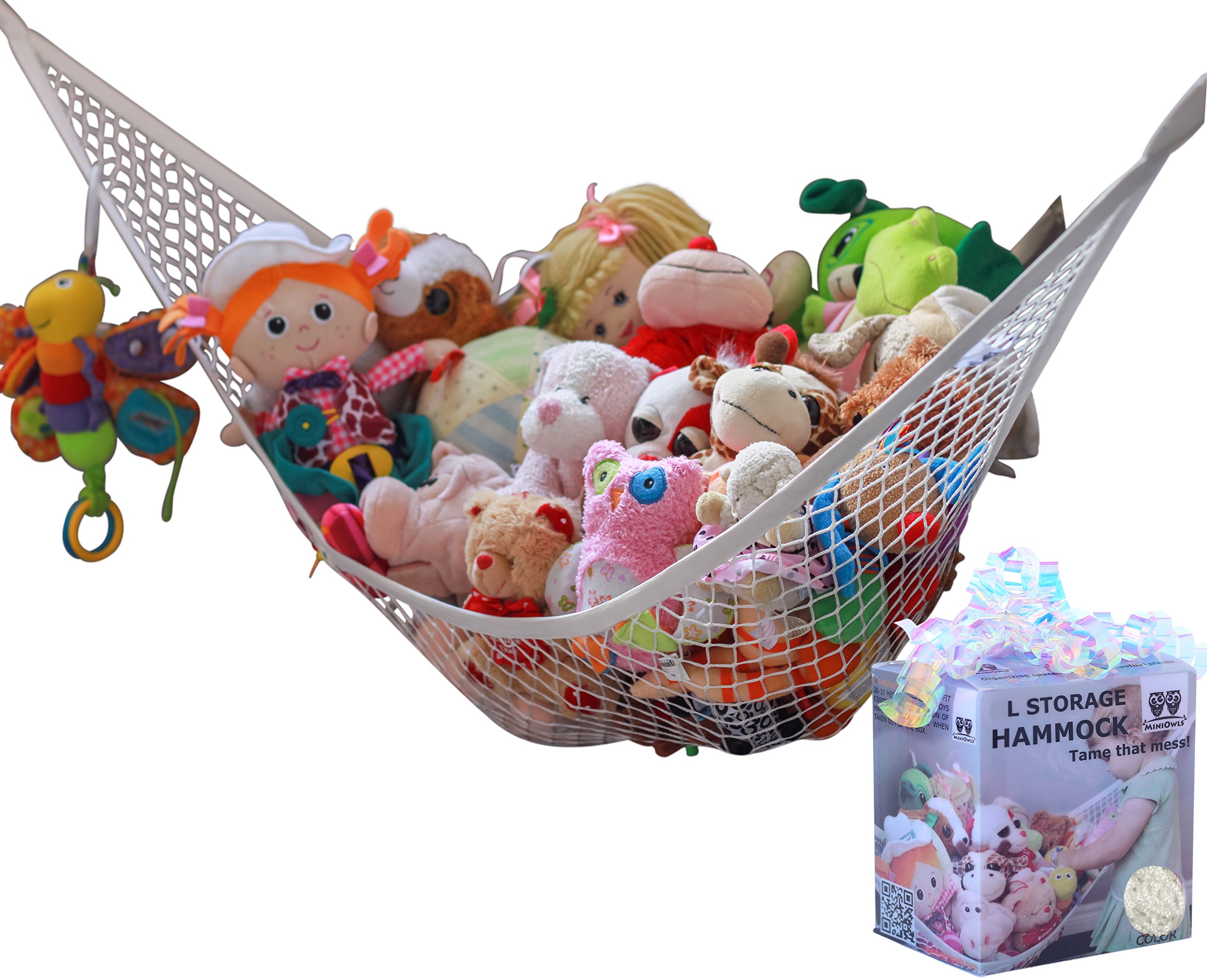 MiniOwls Toy Storage Hammock for any Room Corner. Strong and Sturdy Net for Stuffed toy Animals. Great to Keep Stuffies of the Kid's Bed. (White, X-large (Pack of 1))