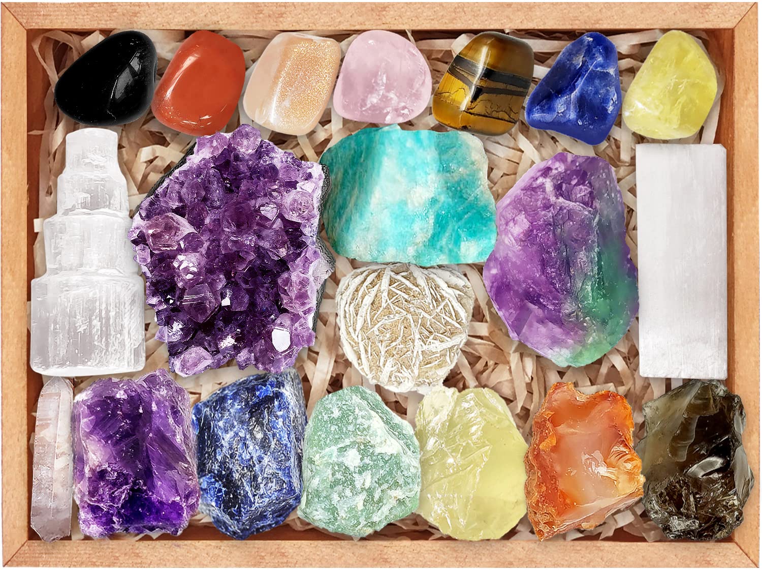 Aovila Premium Crystals and Healing Stones Gift Set in Wooden Box - Chakra Stones Healing Crystals Set for Beginners, Natural Healing Crystals and Stones - Valentines Day Crystal Gifts for Her Women