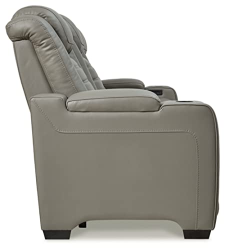 Signature Design by Ashley Backtrack Contemporary Tufted Leather Power Reclining Sofa with Adjustable Headrest, Light Gray