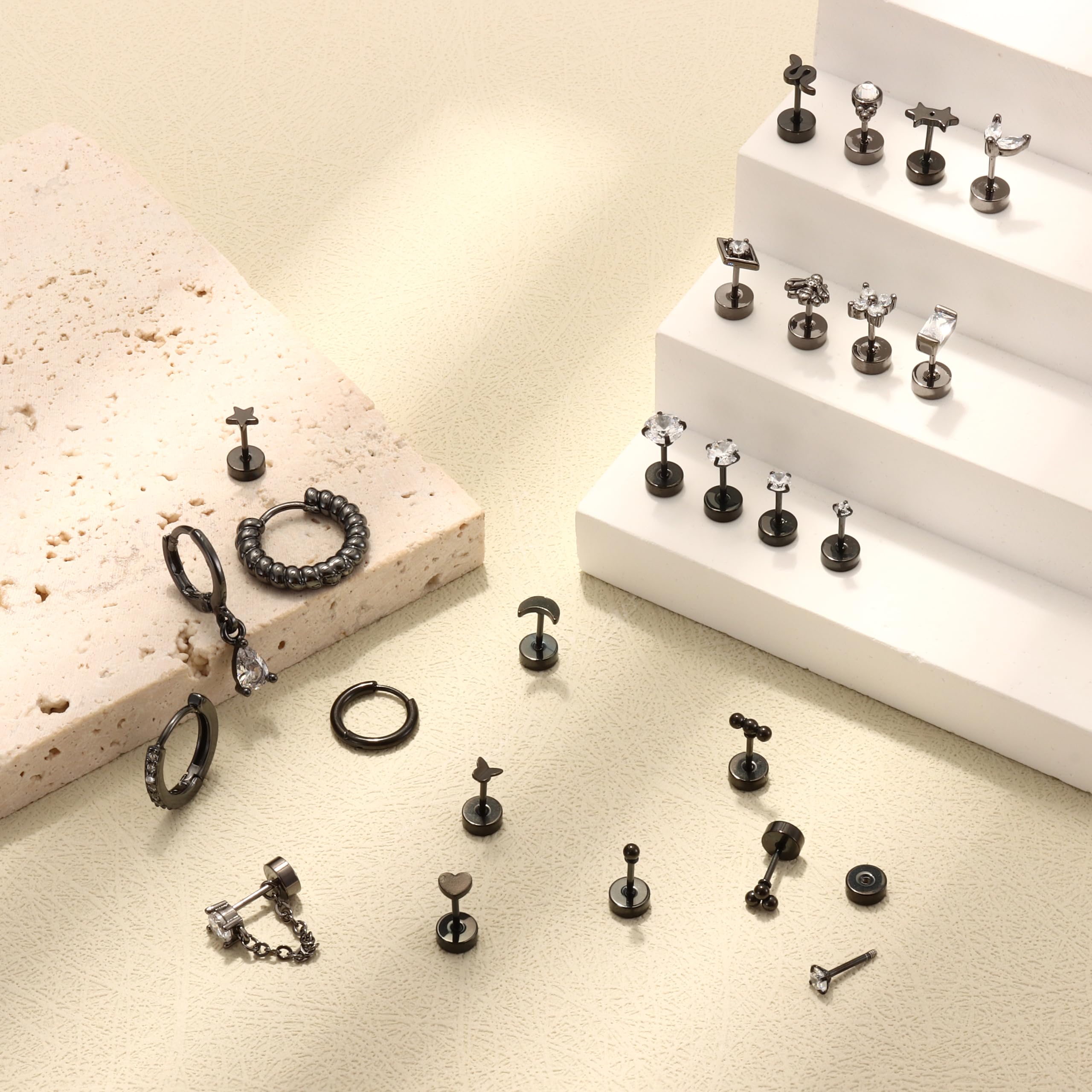 ADRAMATA 24Pairs Flat Back Stud Earrings for Women 20G Tiny Cartilage Earrings Stainless Steel Stud Earrings Set Comfortable Cartilage Piercing Screw Back Earrings Silver