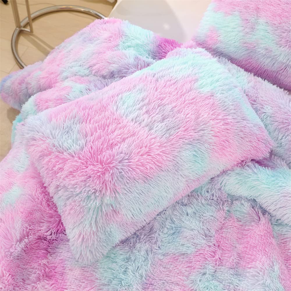 Roscloud Faux Fur Kids Girls Purple Rainbow Comforter Sets Twin/Full - 3PC Bed Set Warm Comfortable Soft Plush Flannel Velvet Fluffy Fuzzy Bedding(Comforter x 1 Pillowcases x 2)