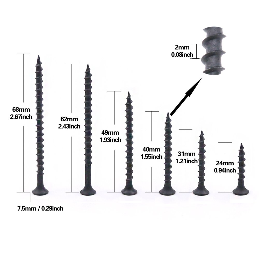 Hilitchi 220-Pcs #7 Coarse Thread Drywall Screw Assortment Kit, Bugle Head, Phillips Drive, Black Oxide Finish, for Drywall Sheetrock, Wood - [6 Different Size]