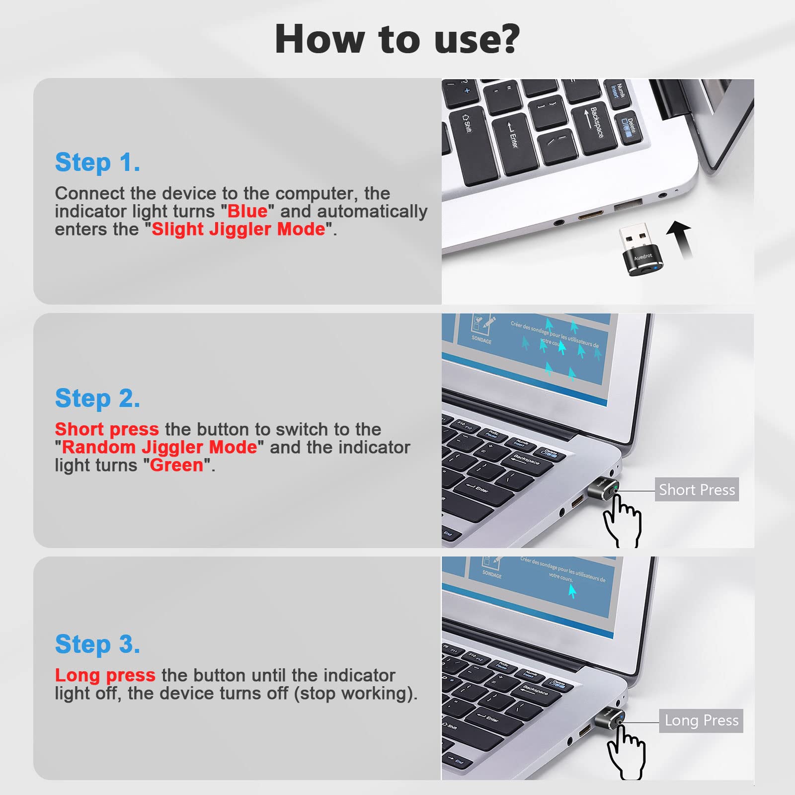 AUEDROT Mouse Jiggler Non-Detectable USB Mouse Mover with Switch Button, Metal Mouse Mover Automatic Mouse Jiggler with 2 Jiggler Modes, Plug & Play, Keeps Laptop Wake, Purple, 2 Pieces