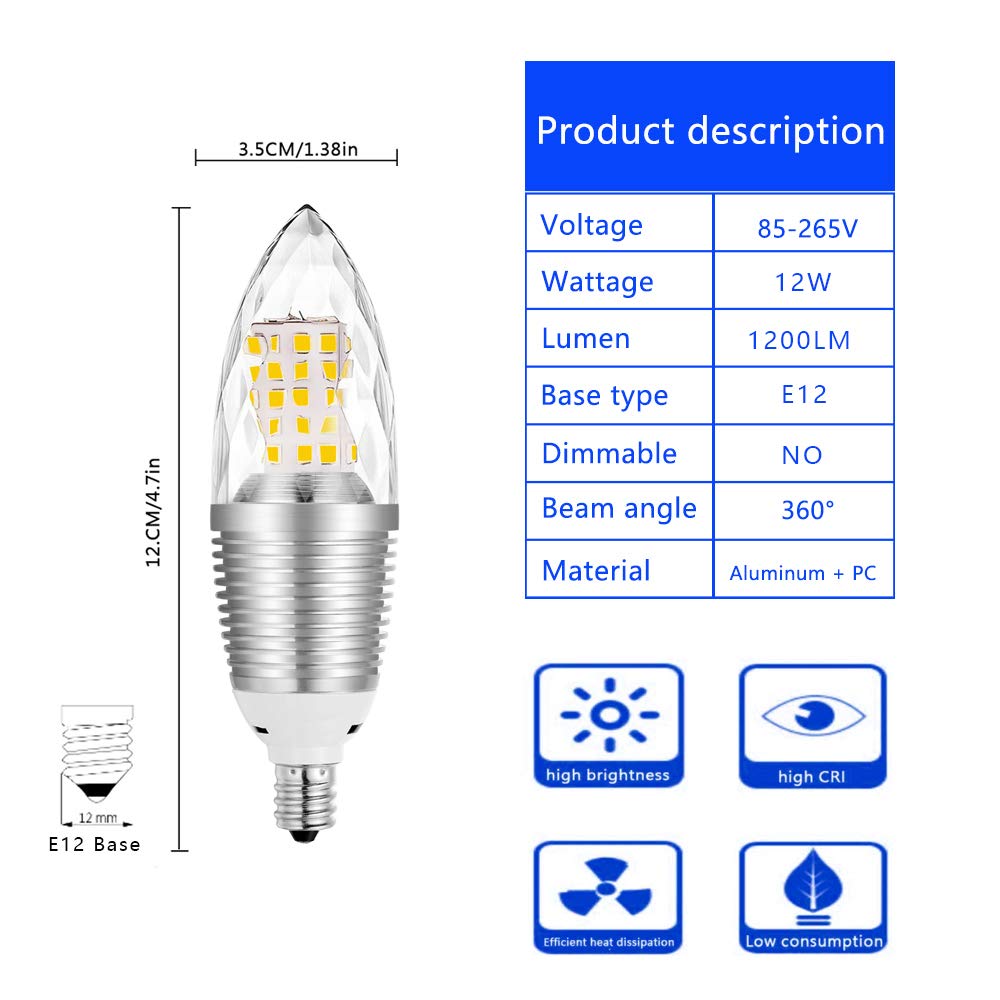 AHEVO E12 LED Candelabra Light Bulbs, 12W, Equivalent 85-100W Incandescent Bulb,1200 Lumens, White 6000K, Candelabra Base, Non-dimmable, Chandelier Bulb, Pack of 6