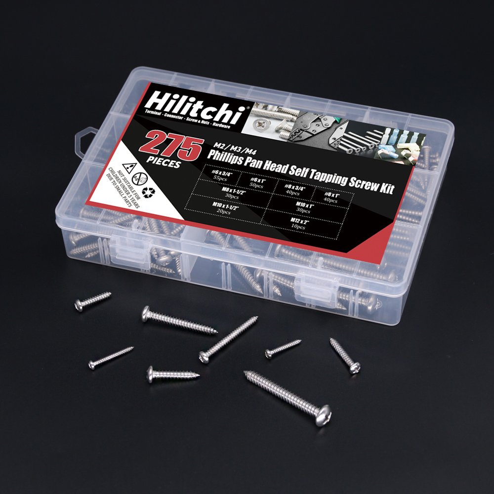 Hilitchi 275-Piece Stainless Steel Phillips Round Pan Head Self Tapping Screw Assortment Kit (Round Pan Head)