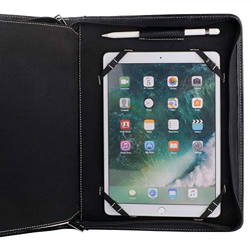XIAOZHI Black Leather Portfolio with Notepad Space for 10.2-inch / 10.5-inch / 11-inch iPad, Padfolio Case Business Zippered Organizer Document Folder with Letter Size Notepad Holder