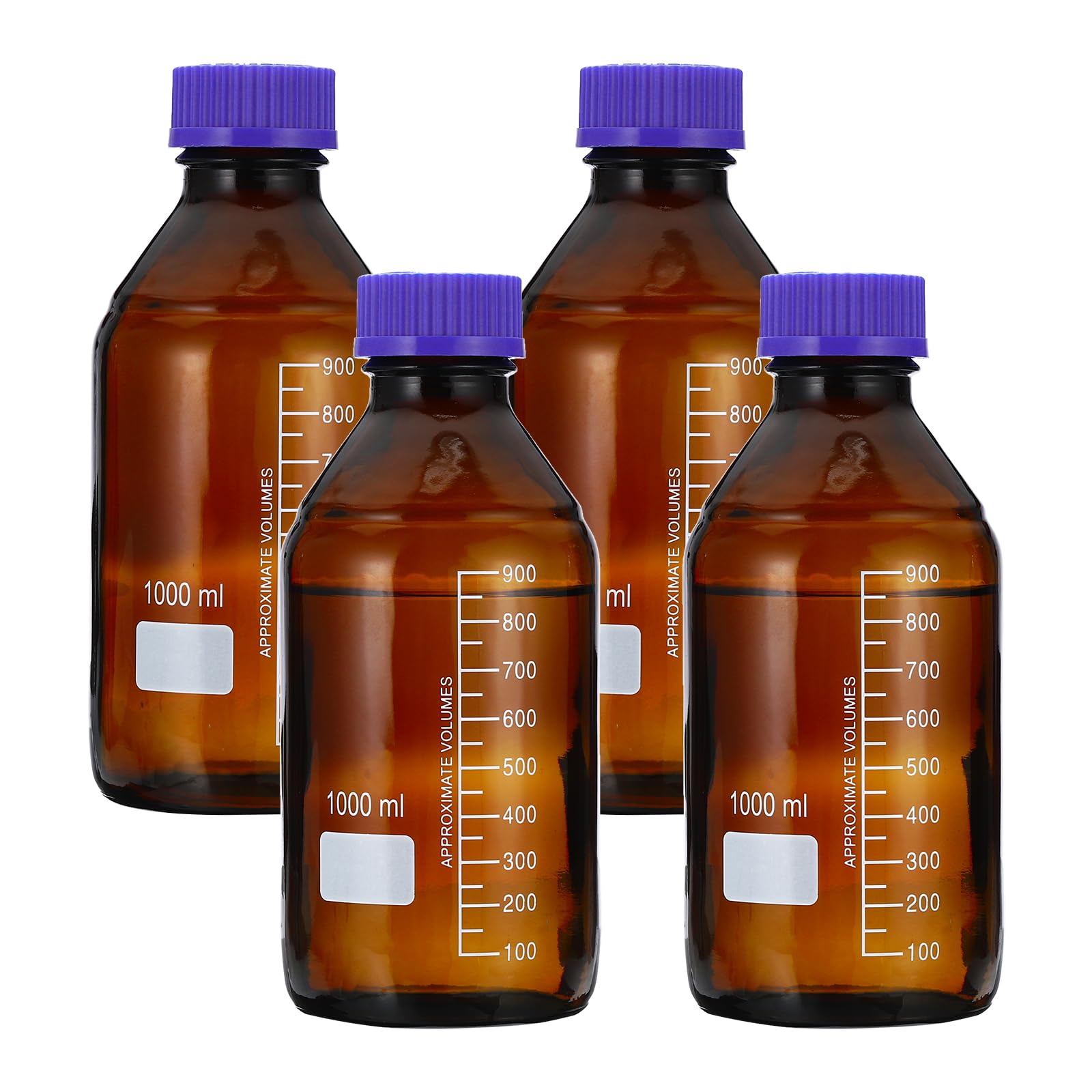 PATIKIL 4 Pack Reagent Media Storage Bottles, 1000ml Borosilicate Glass Graduated Round Bottles with GL45 Blue Screw Cap for Lab Water Reagent Liquids, Brown