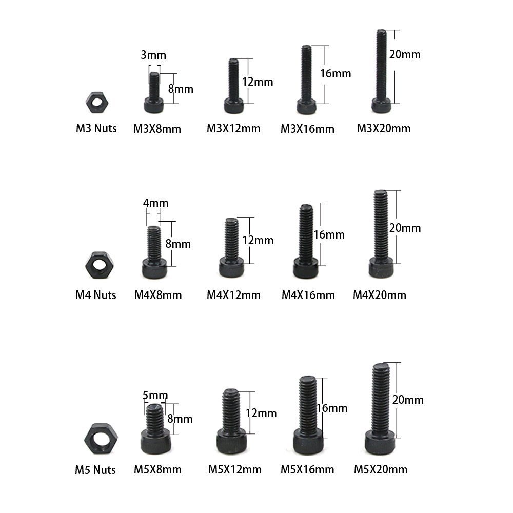Hilitchi 510-Pcs M3 M4 M5 Alloy Steel Socket Cap Screws Hex Head Bolt Nuts Assortment Kit - 12.9 Grade Alloy Steel (Hex Socket)