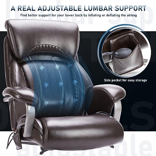 Big and Tall Office Chair 500lbs-Heavy Duty Ergonomic Computer Chair with Extra Wide Seat, High Back Executive Large Desk Chair with Thick Seat and Tilt Rock, Adjustable Lumbar Support-Brown