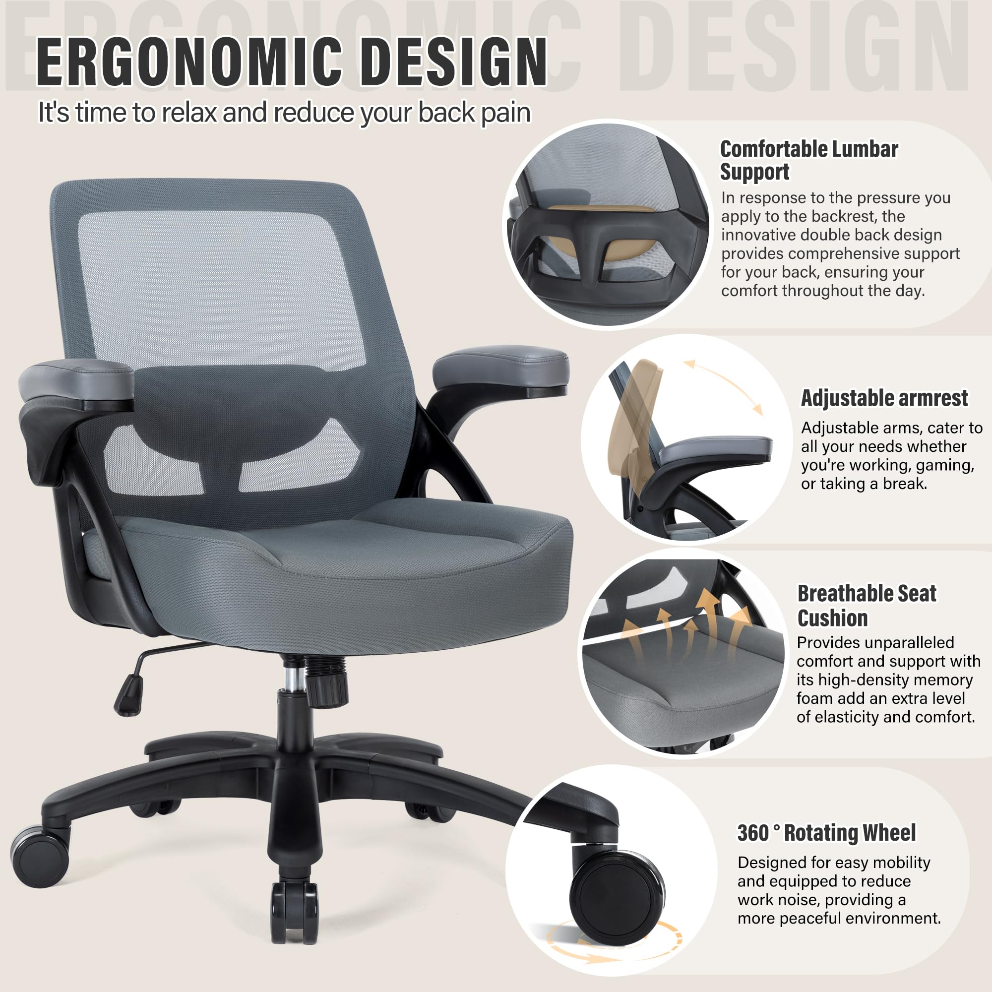 Big and Tall Office Chair 400lb- Mesh Ergonomic Heavy Duty Desk Chair- Flip Arms, Plus Size Wide Seat Executive Computer Chair for Large People- Home Office Swivel Rolling Task Chairs
