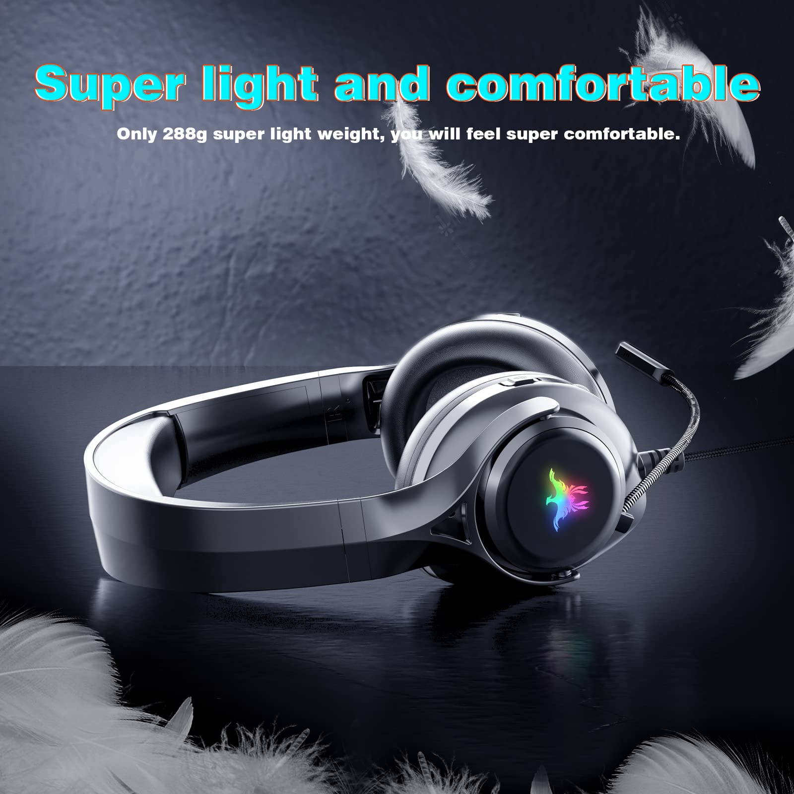 Gaming Headset with Microphone for Playstation 5, Double Head Beam Suspended Soft Soft Memory Earmuffs, 7.1 Surround Sound Wired Headset LED Light for PS5, PC, PS4, iMac, Laptop